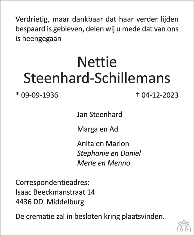 Nettie Steenhard-Schillemans 04-12-2023 overlijdensbericht en ...