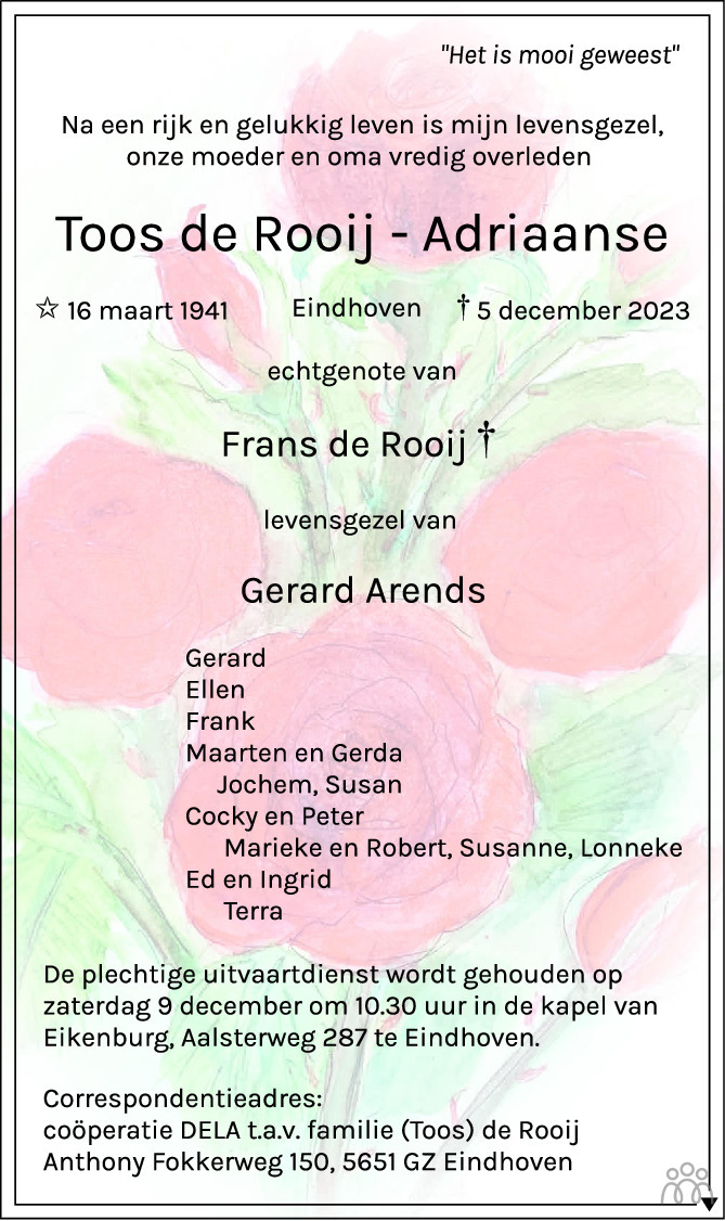 Toos de Rooij-Adriaanse 05-12-2023 overlijdensbericht en condoleances ...