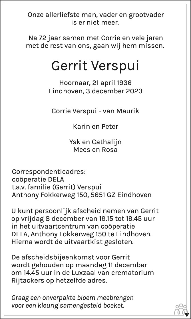 Gerrit Verspui 03-12-2023 overlijdensbericht en condoleances ...