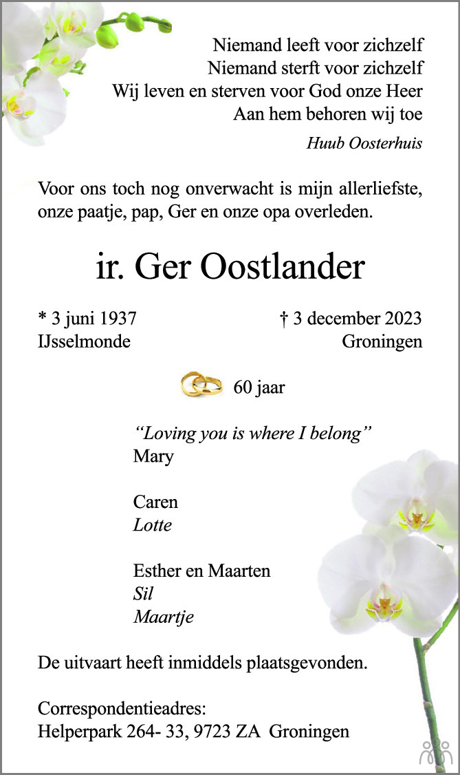 Ger Oostlander 03-12-2023 overlijdensbericht en condoleances ...