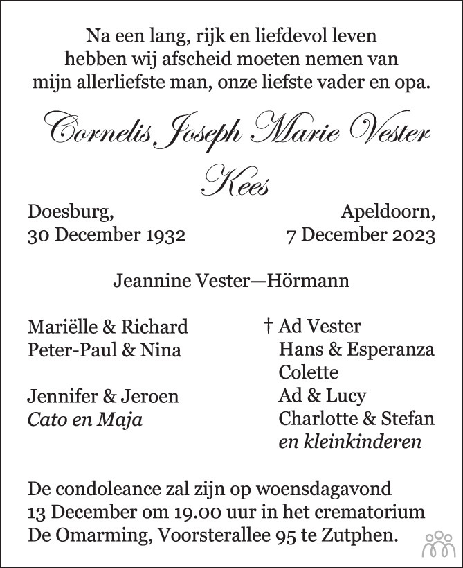 Cornelis Joseph Marie (Kees) Vester 07-12-2023 overlijdensbericht en ...