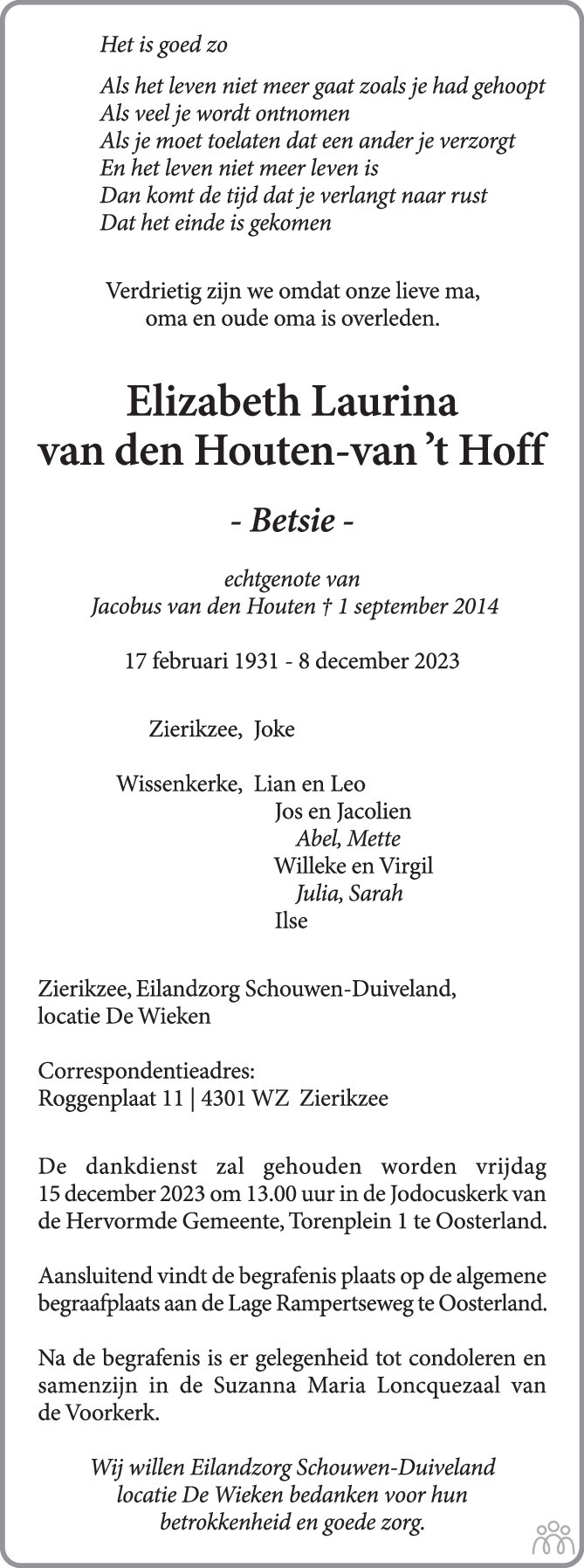 Elizabeth Laurina (Betsie) van den Houten-van 't Hoff 08-12-2023 ...
