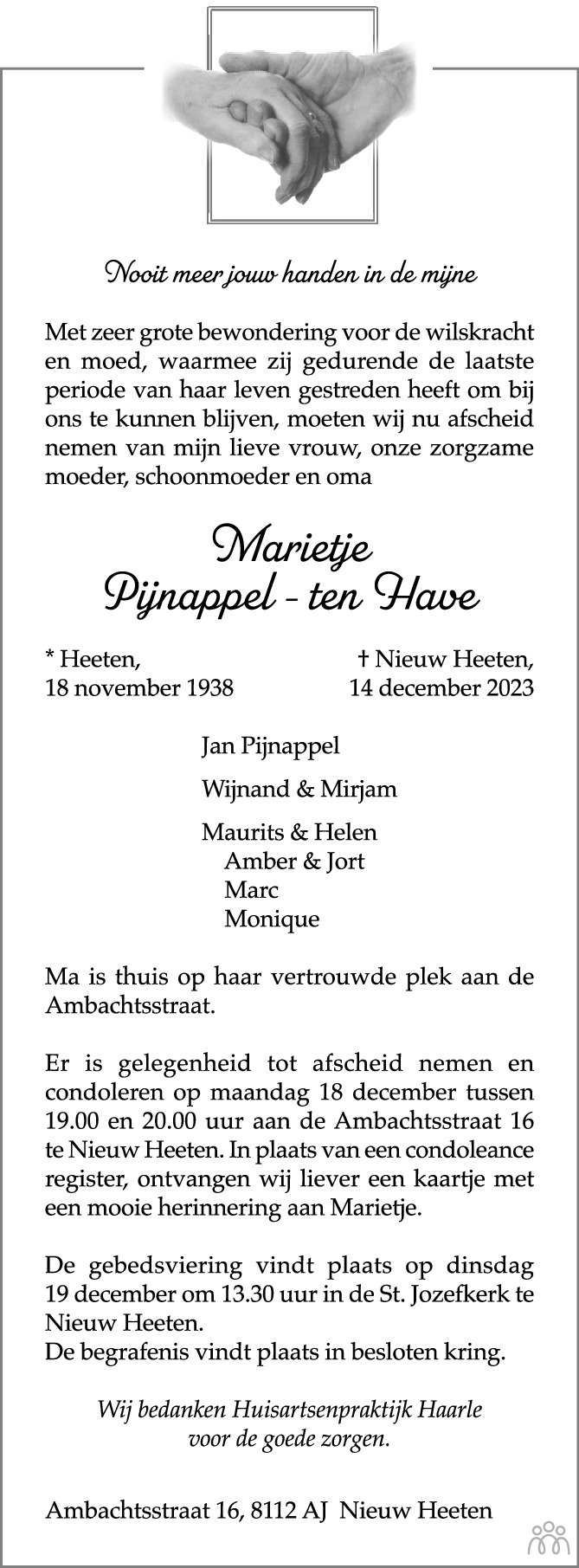 Marietje Pijnappel-ten Have 14-12-2023 overlijdensbericht en ...