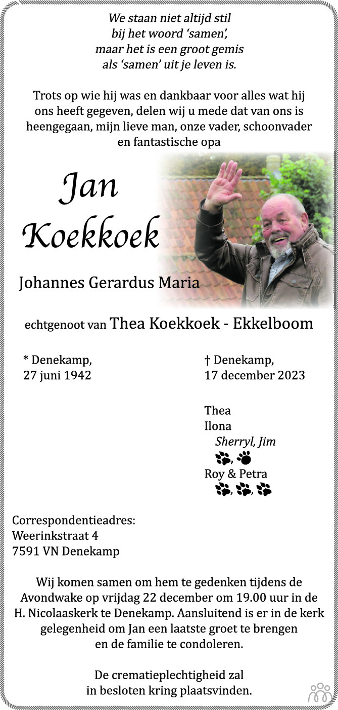 Jan (Johannes Gerardus Maria) Koekkoek 17-12-2023 overlijdensbericht en condoleances - Mensenlinq.nl