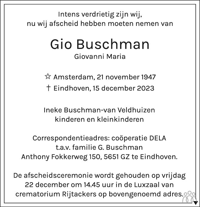 Gio (Giovanni Maria) Buschman 15-12-2023 overlijdensbericht en ...