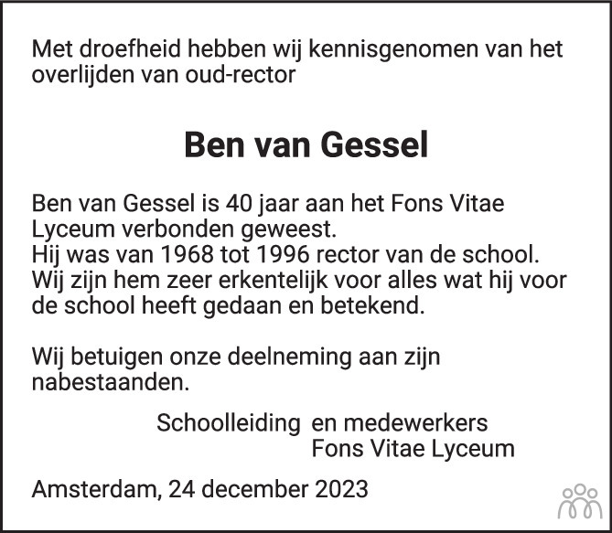 Ben van Gessel 24-12-2023 overlijdensbericht en condoleances ...