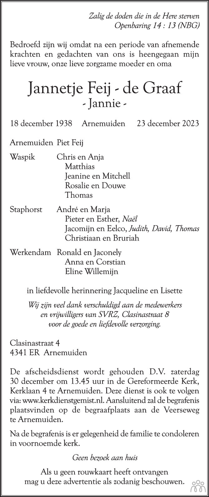 Jannetje (Jannie) Feij-de Graaf 23-12-2023 overlijdensbericht en ...