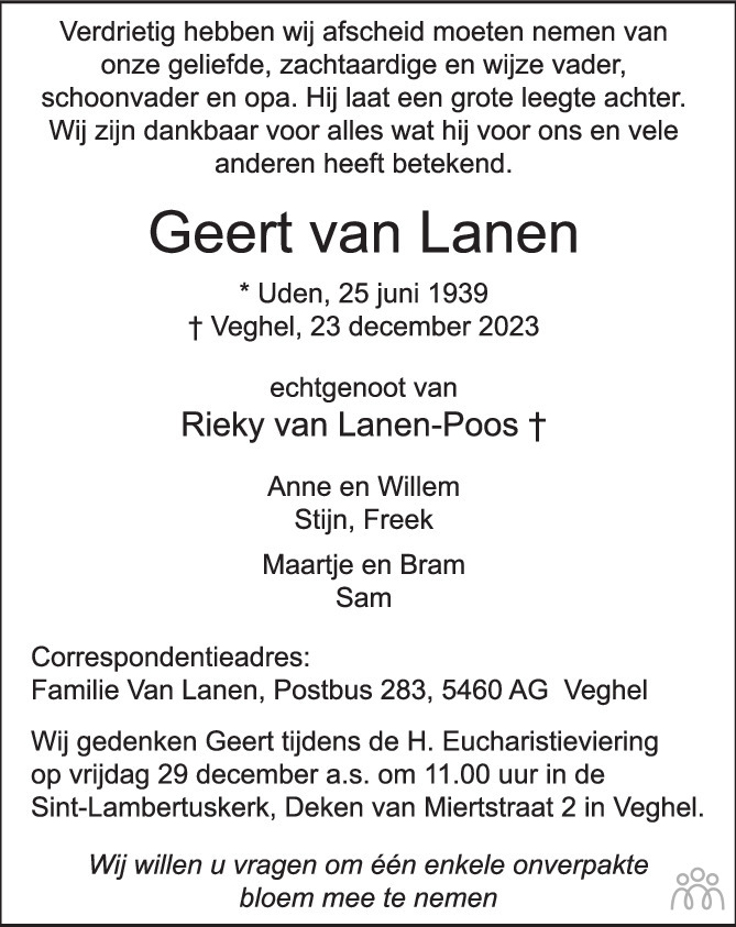 Geert van Lanen 23-12-2023 overlijdensbericht en condoleances ...