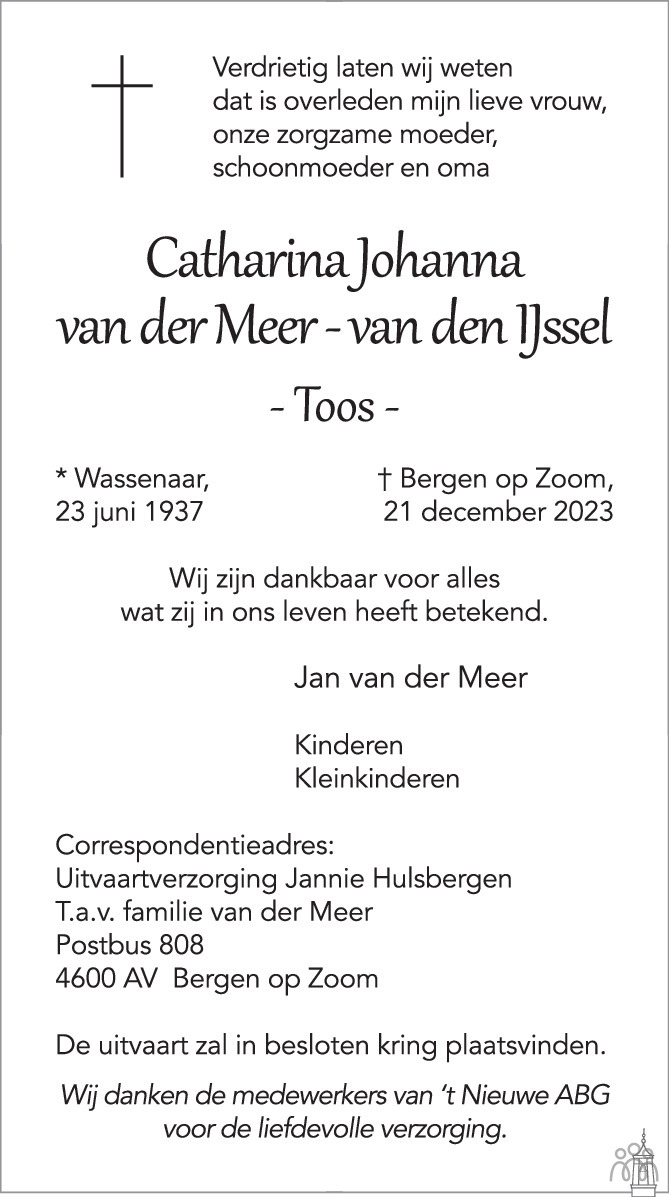 Toos (Catharina Johanna) van der Meer-van den IJssel 21-12-2023 ...