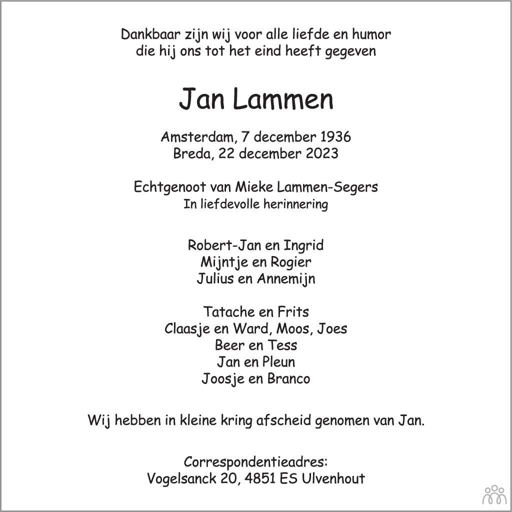 Jan Lammen 22-12-2023 overlijdensbericht en condoleances - Mensenlinq.nl