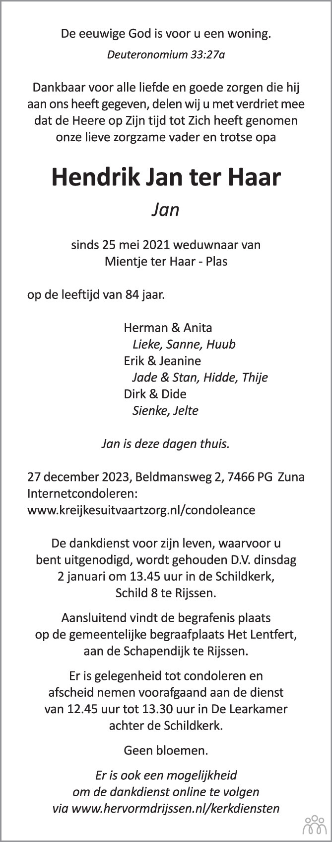 Hendrik Jan (Jan) ter Haar 27-12-2023 overlijdensbericht en ...
