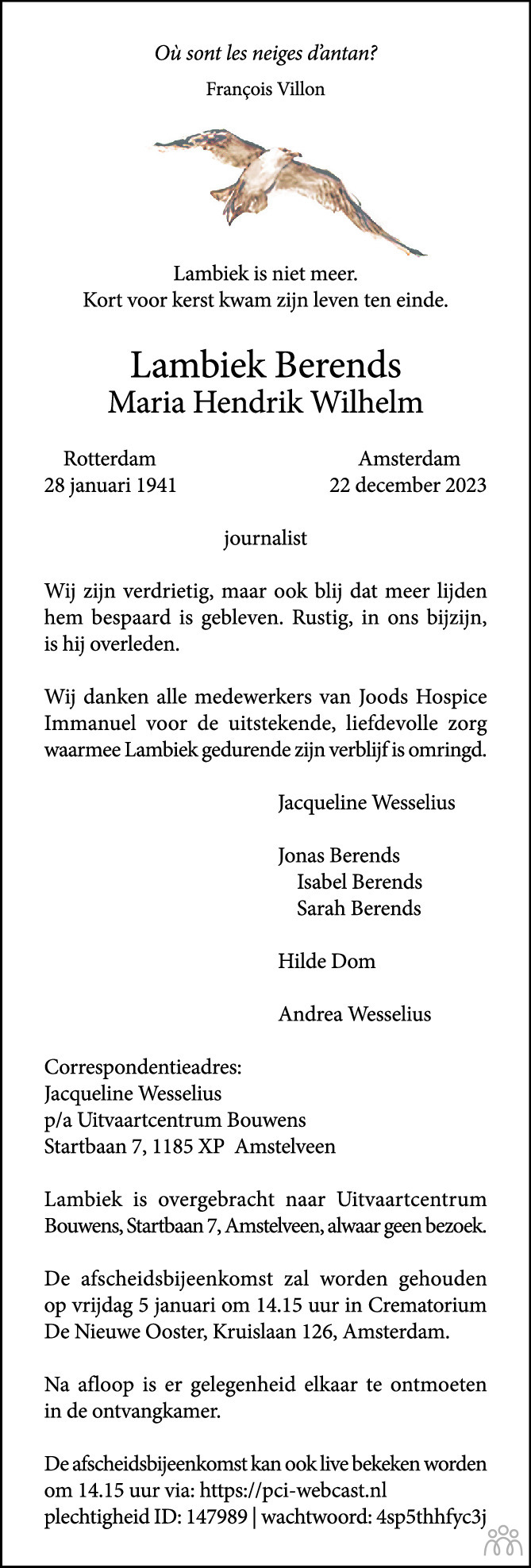 Lambiek (Maria Hendrik Wilhelm) Berends 22-12-2023 overlijdensbericht ...
