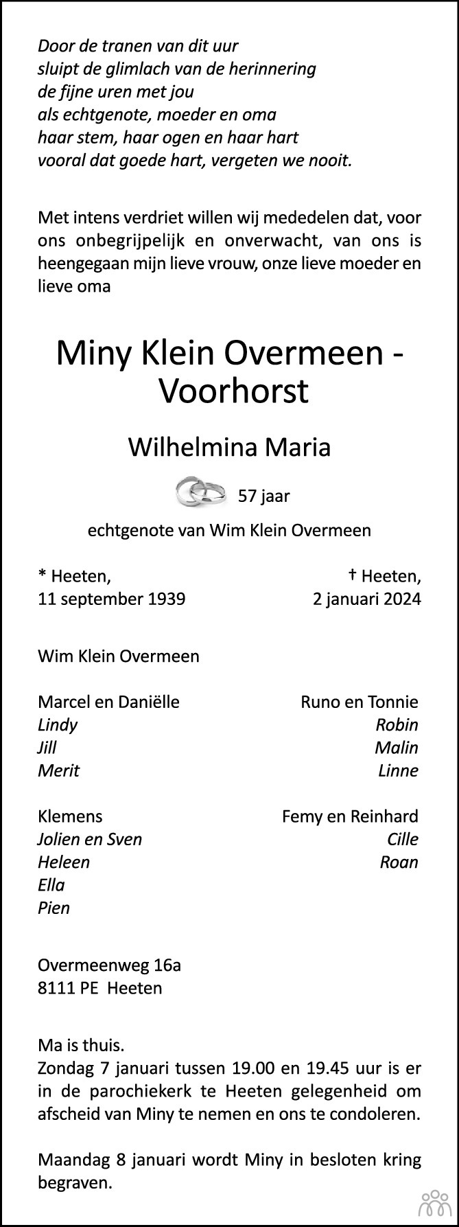 Miny (Wilhelnina Maria) Klein Overmeen-Voorhorst 02-01-2024 ...