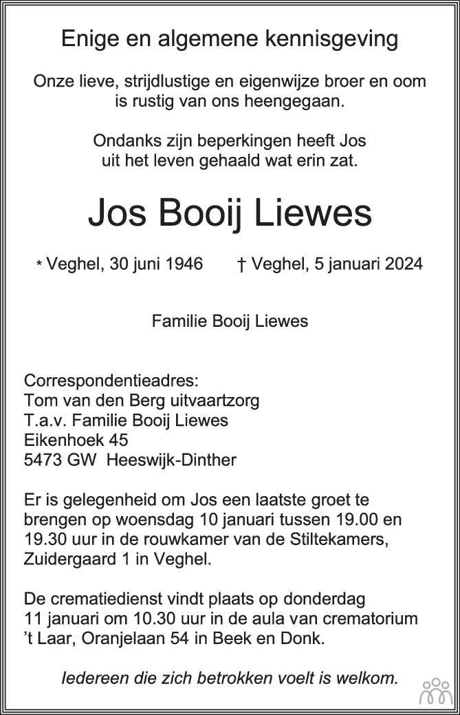 Jos Booij Liewes 05-01-2024 overlijdensbericht en condoleances ...