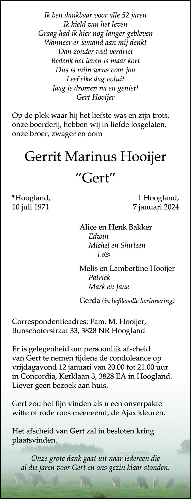 Gerrit Marinus (Gert) Hooijer 07-01-2024 overlijdensbericht en condoleances - Mensenlinq.nl