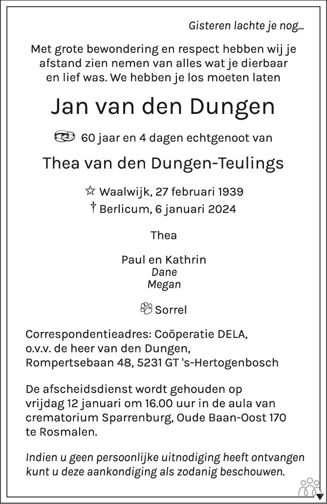 Jan van den Dungen 06-01-2024 overlijdensbericht en condoleances ...