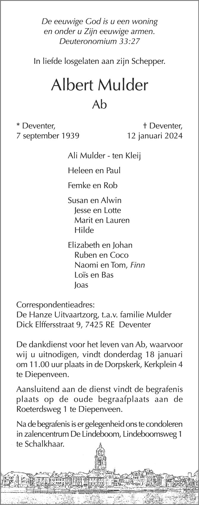 Albert (Ab) Mulder 12-01-2024 overlijdensbericht en condoleances ...