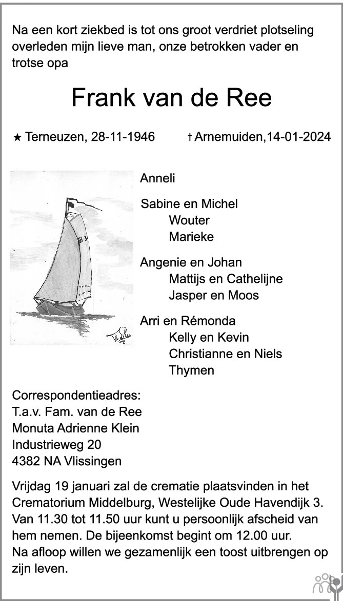 Frank van de Ree 14-01-2024 overlijdensbericht en condoleances ...