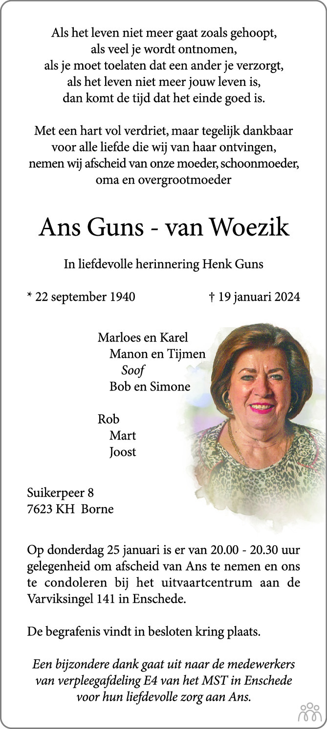 Ans Guns-van Woezik 19-01-2024 overlijdensbericht en condoleances ...
