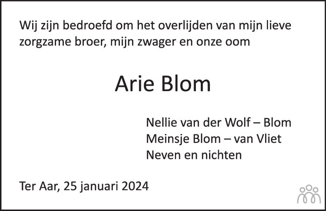 Arie Blom 25-01-2024 overlijdensbericht en condoleances - Mensenlinq.nl