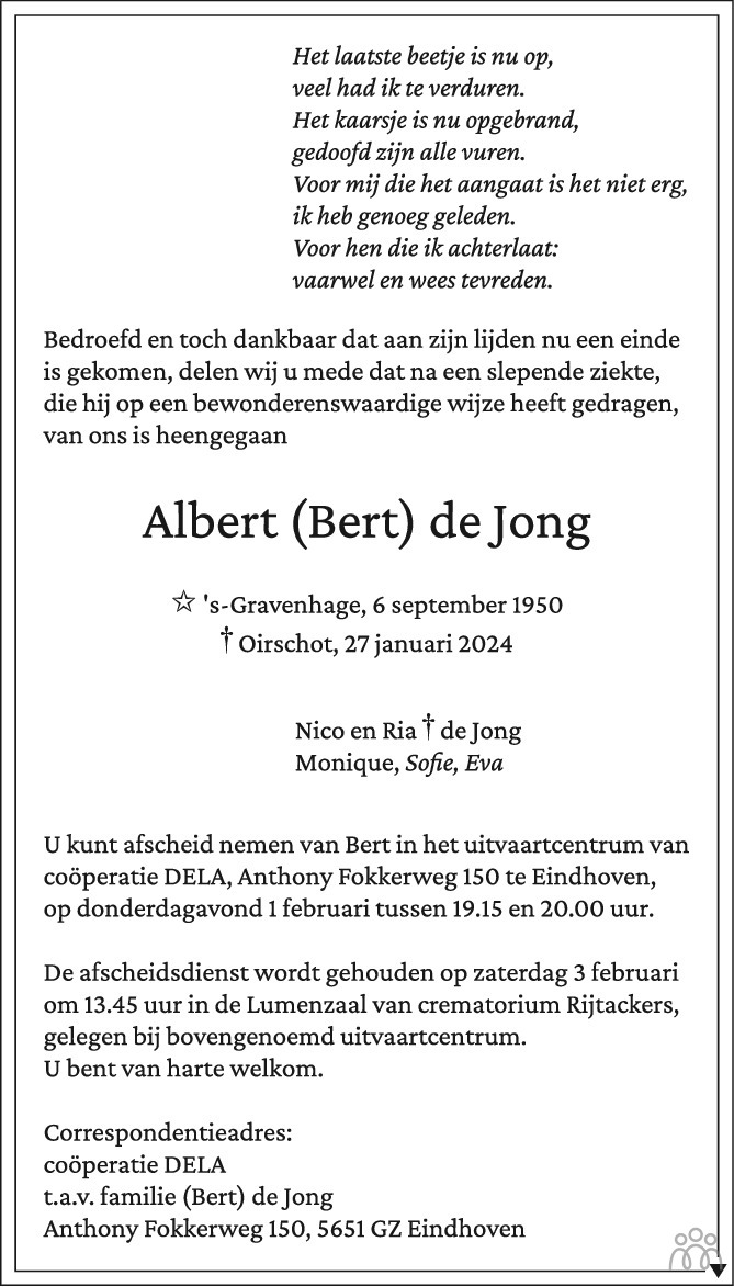 Bert (Albert) de Jong 27-01-2024 overlijdensbericht en condoleances ...