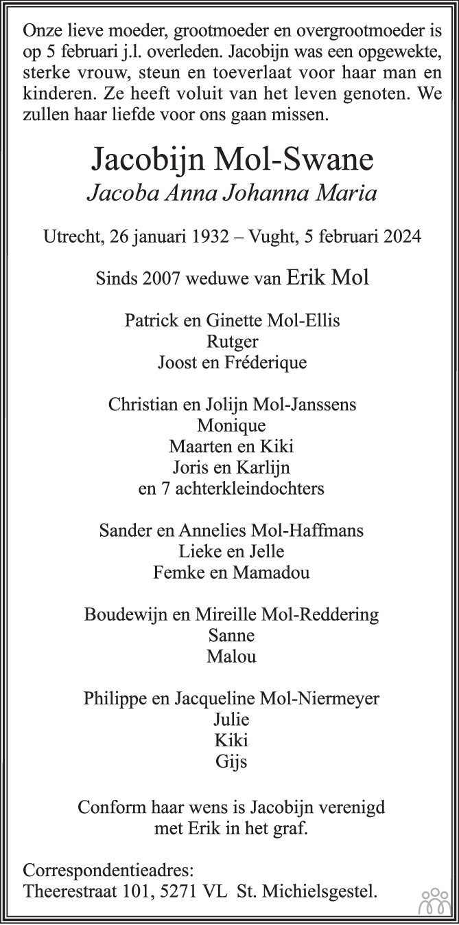 Jacobijn (Jacoba Anna Johanna Maria) Mol-Swane 05-02-2024 ...