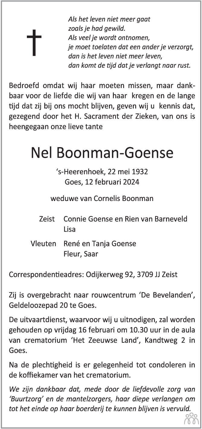 Nel Boonman-Goense 12-02-2024 overlijdensbericht en condoleances ...