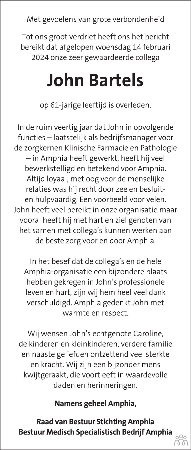 John Bartels 14-02-2024 overlijdensbericht en condoleances - Mensenlinq.nl