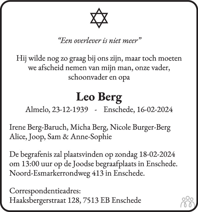 Leo Berg 16-02-2024 overlijdensbericht en condoleances - Mensenlinq.nl