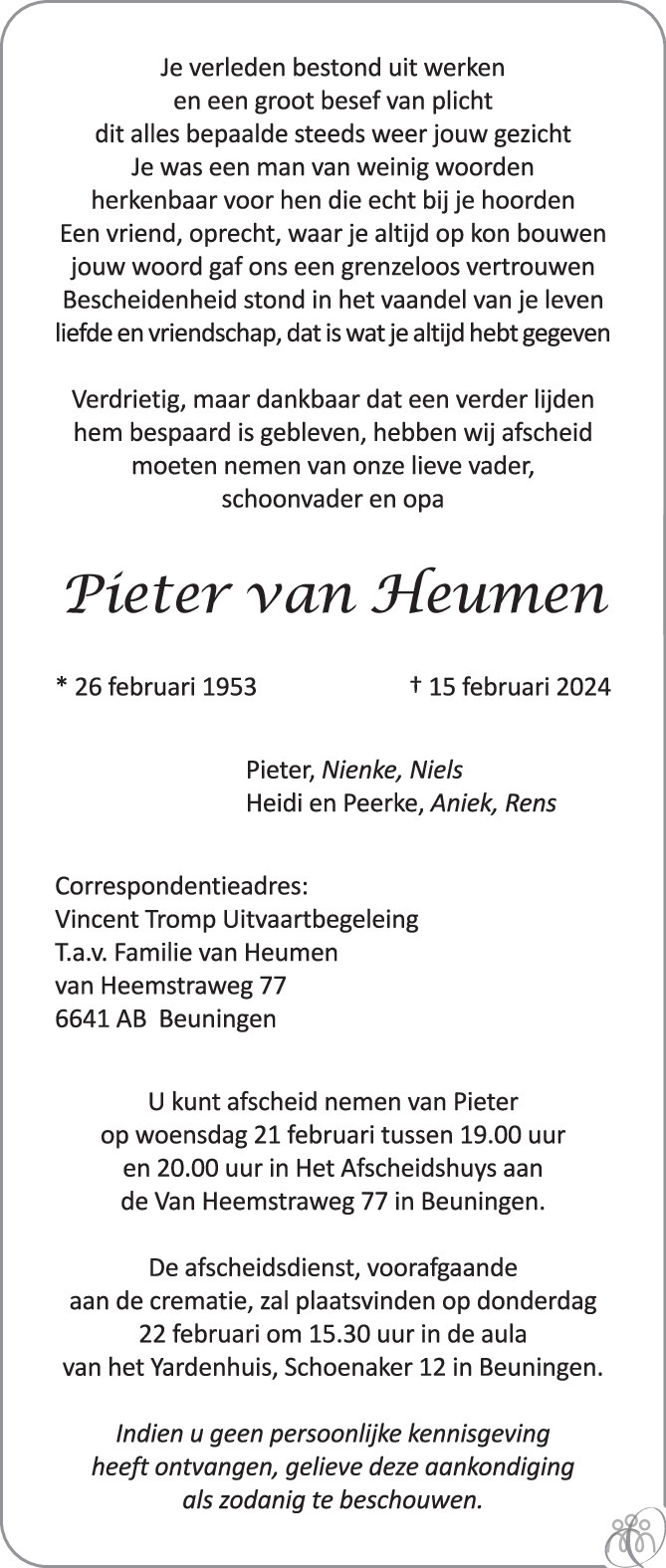 Pieter van Heumen 15-02-2024 overlijdensbericht en condoleances ...