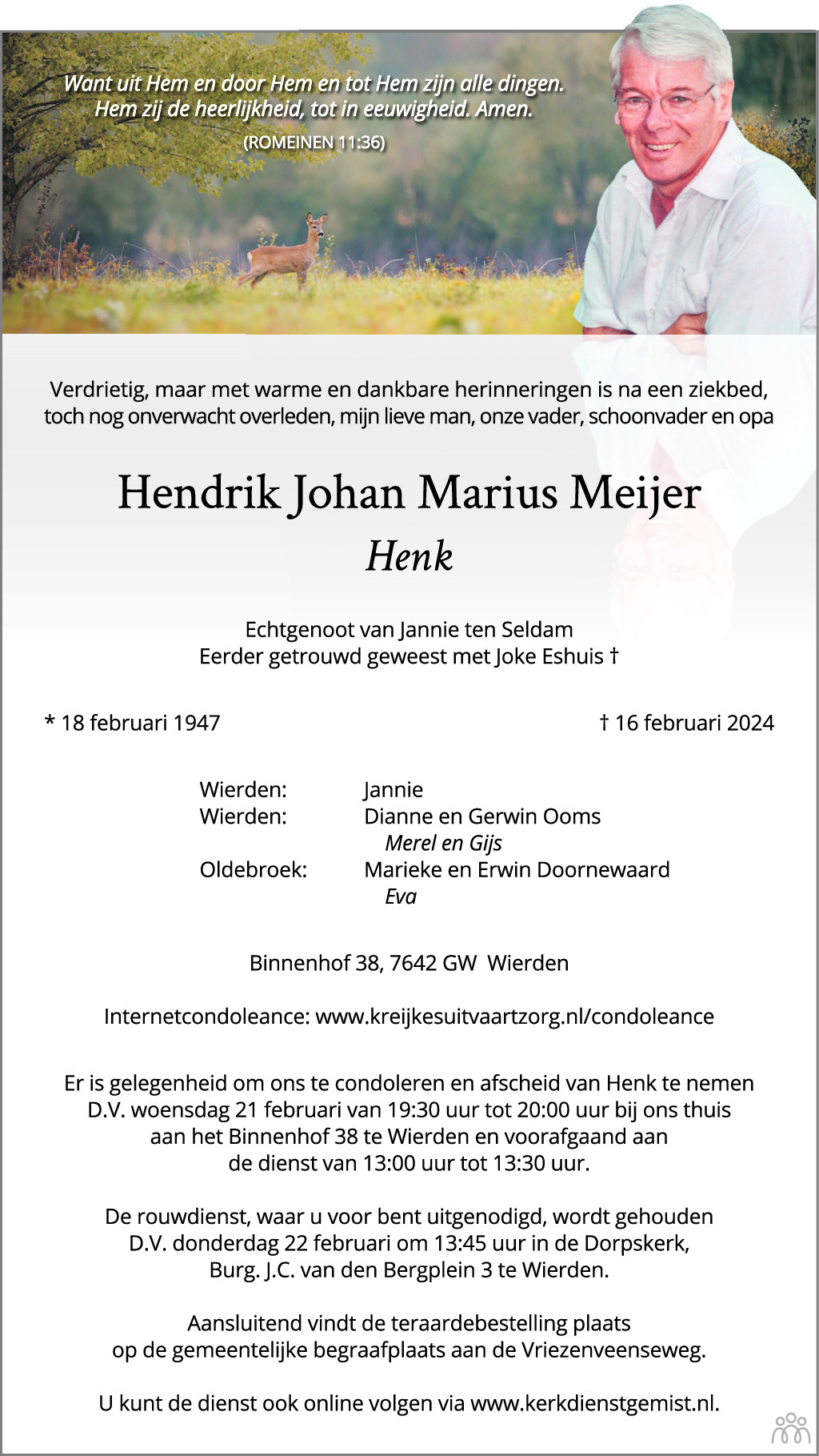 Hendrik Johan Marius (Henk) Meijer 16-02-2024 overlijdensbericht en condoleances - Mensenlinq.nl