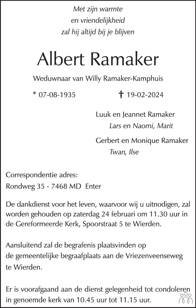 Albert Ramaker 19-02-2024 overlijdensbericht en condoleances ...