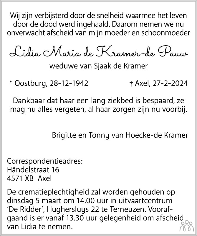 Lidia Maria de Kramer-de Pauw 27-02-2024 overlijdensbericht en ...
