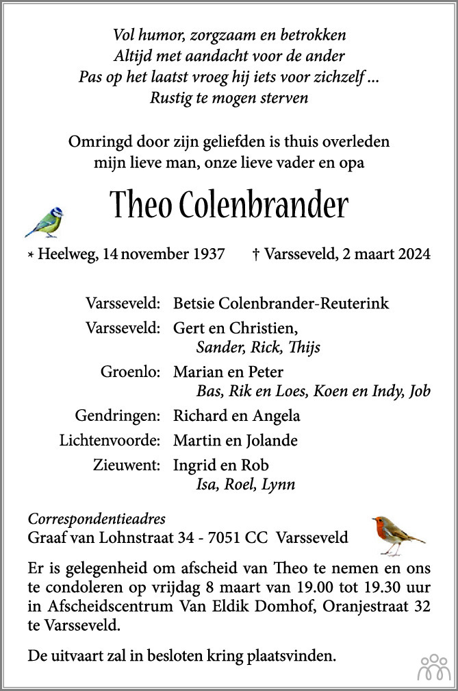 Theo Colenbrander 02-03-2024 overlijdensbericht en condoleances ...