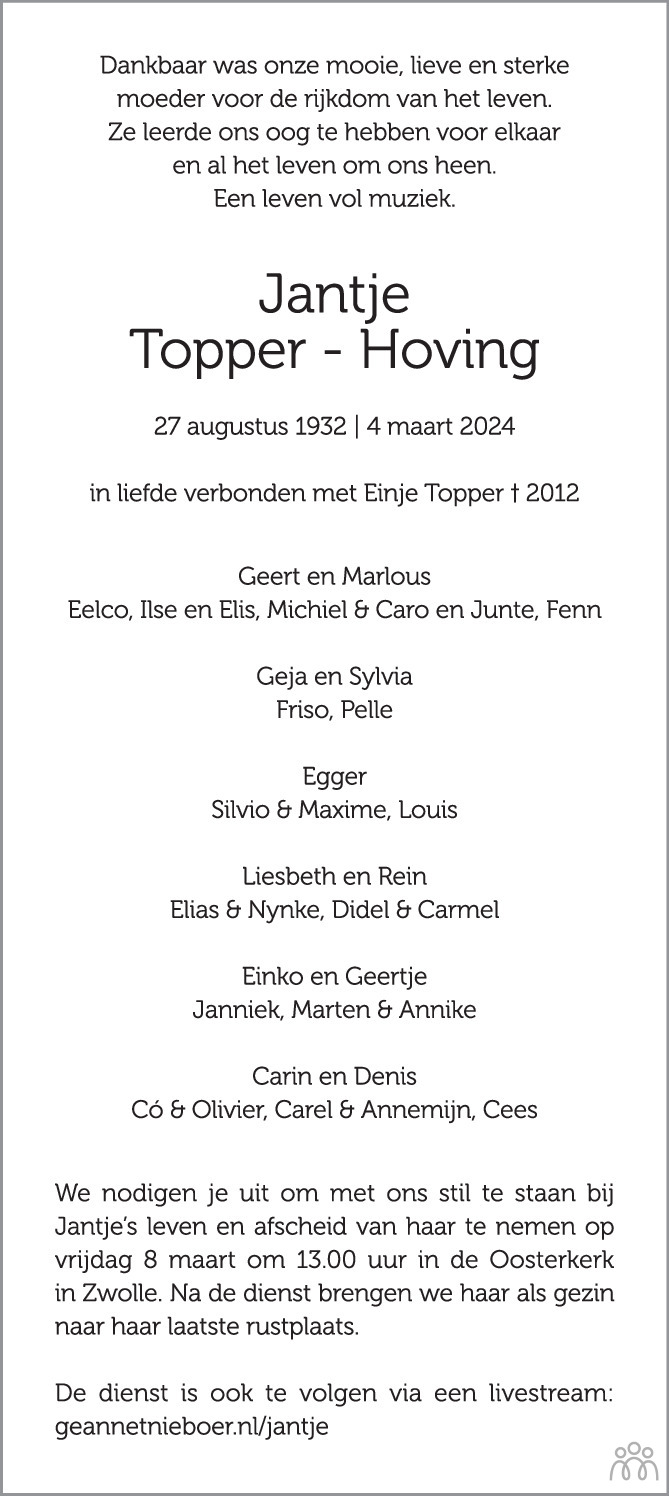 Jantje Topper-Hoving 04-03-2024 overlijdensbericht en condoleances - Mensenlinq.nl