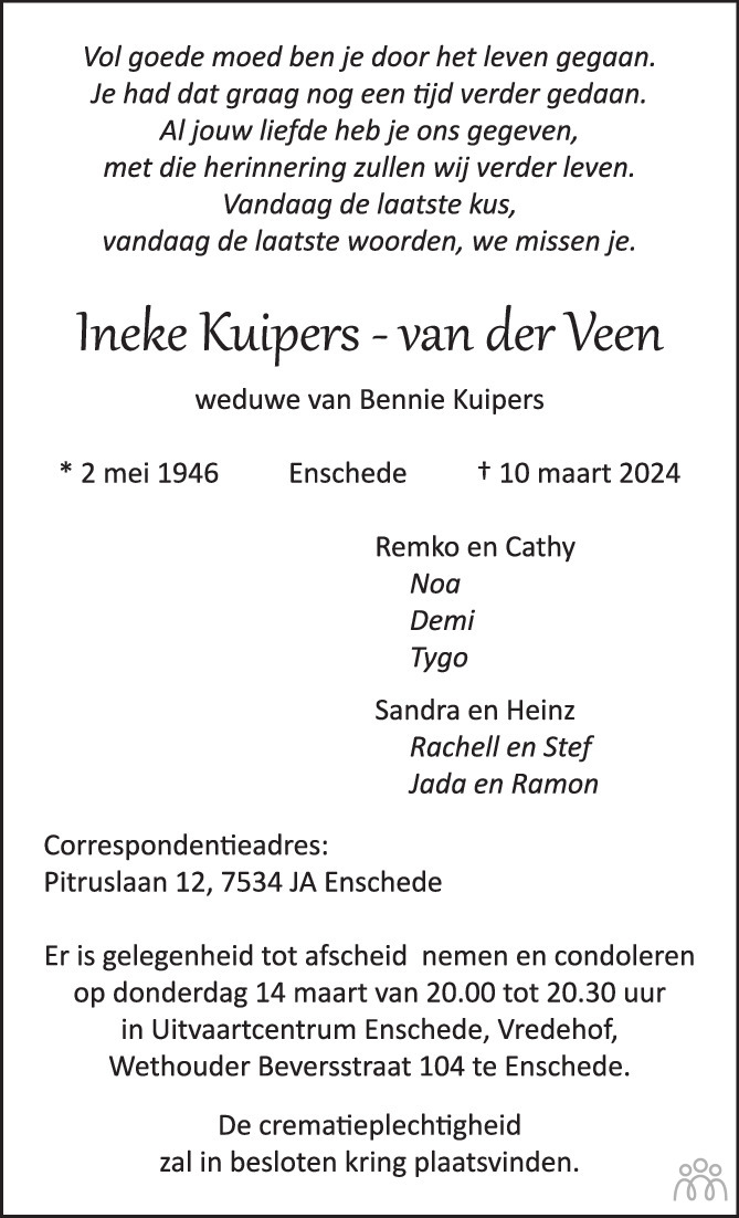 Ineke Kuipers-van der Veen 10-03-2024 overlijdensbericht en condoleances - Mensenlinq.nl