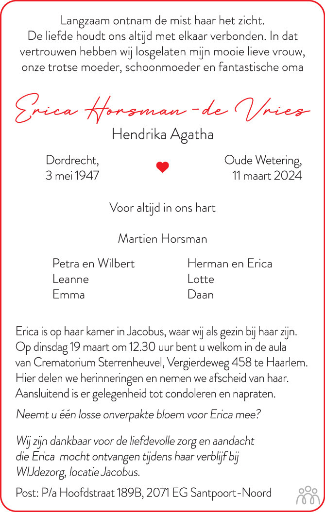 Erica (Hendrika Agatha) Horsman-de Vries 11-03-2024 overlijdensbericht ...