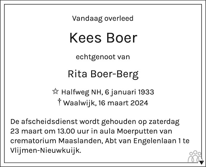 Kees Boer 16-03-2024 overlijdensbericht en condoleances - Mensenlinq.nl