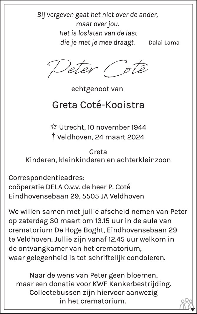 Peter Coté 24-03-2024 overlijdensbericht en condoleances - Mensenlinq.nl