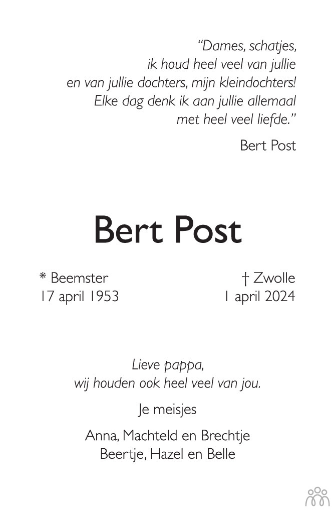 Bert Post 01-04-2024 overlijdensbericht en condoleances - Mensenlinq.nl