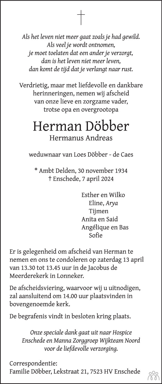 Herman (Hermanus Andreas) Döbber 07-04-2024 overlijdensbericht en ...