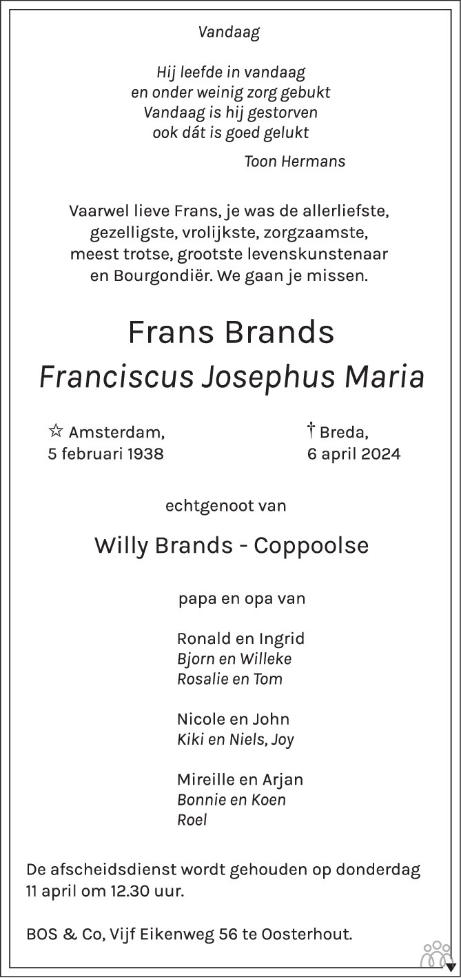 Frans (Franciscus Josephus Maria) Brands 06-04-2024 overlijdensbericht ...