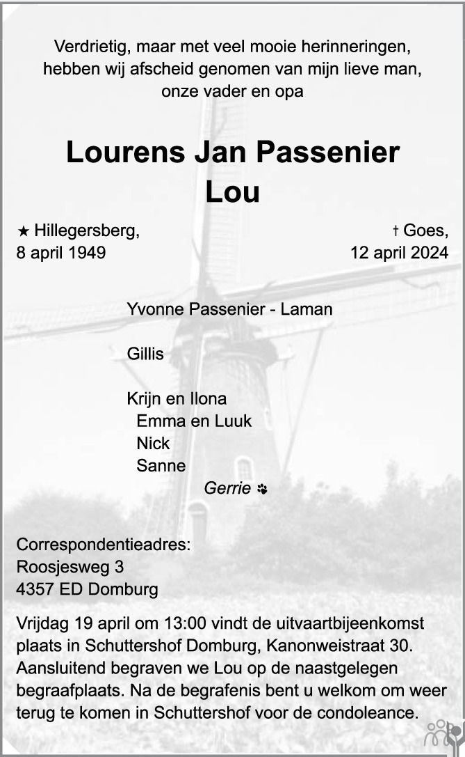 Lou Passenier 12-04-2024 overlijdensbericht en condoleances - Mensenlinq.nl