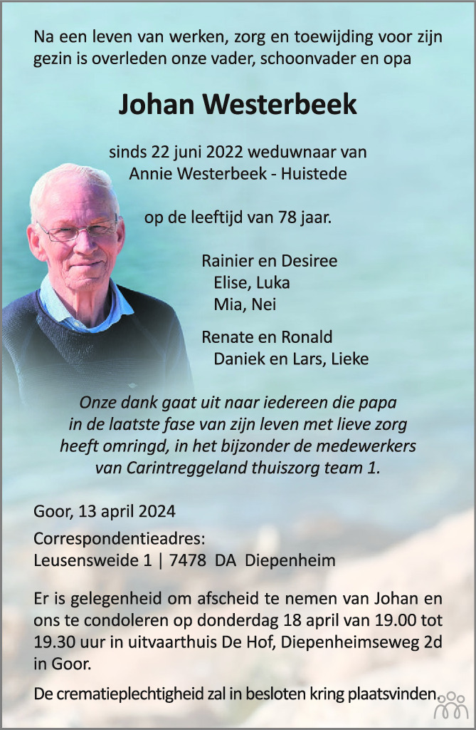 Johan Westerbeek 13-04-2024 overlijdensbericht en condoleances ...