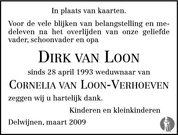 Dirk van Loon 15-01-2009 overlijdensbericht en condoleances - Mensenlinq.nl