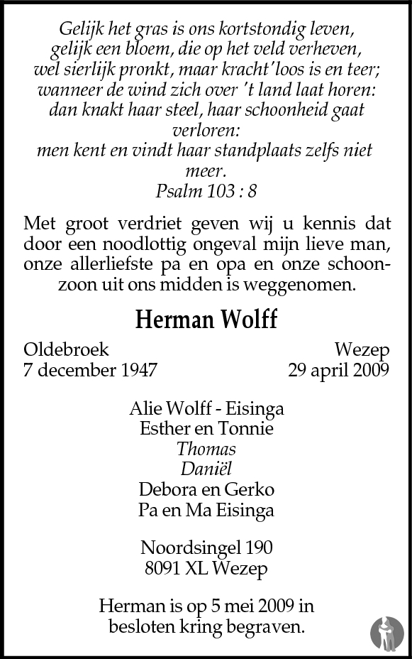Herman Wolff 29-04-2009 overlijdensbericht en condoleances - Mensenlinq.nl