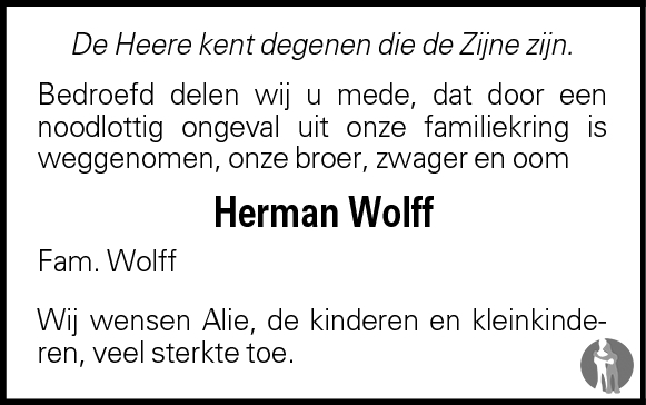 Herman Wolff 29-04-2009 overlijdensbericht en condoleances - Mensenlinq.nl