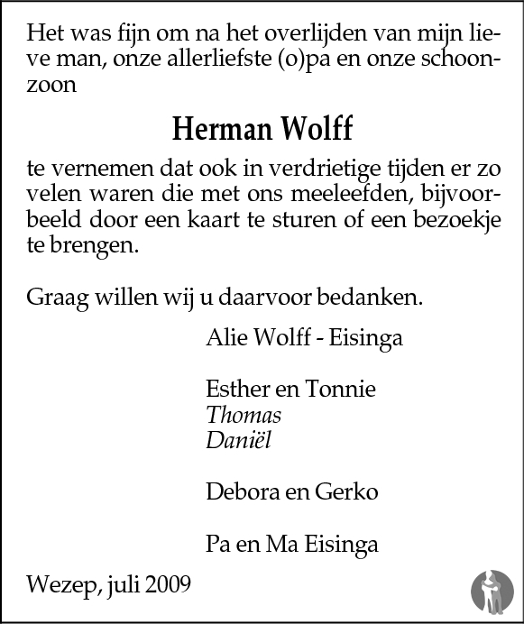 Herman Wolff 29-04-2009 overlijdensbericht en condoleances - Mensenlinq.nl