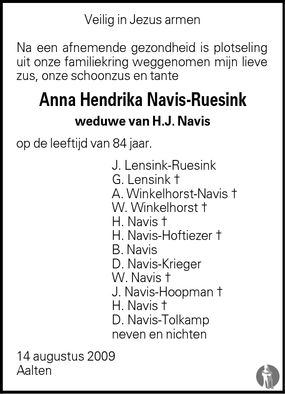 Anna Hendrika Navis - Ruesink 14-08-2009 overlijdensbericht en ...