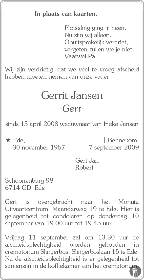 Gerrit (Gert) Jansen 07-09-2009 overlijdensbericht en condoleances ...